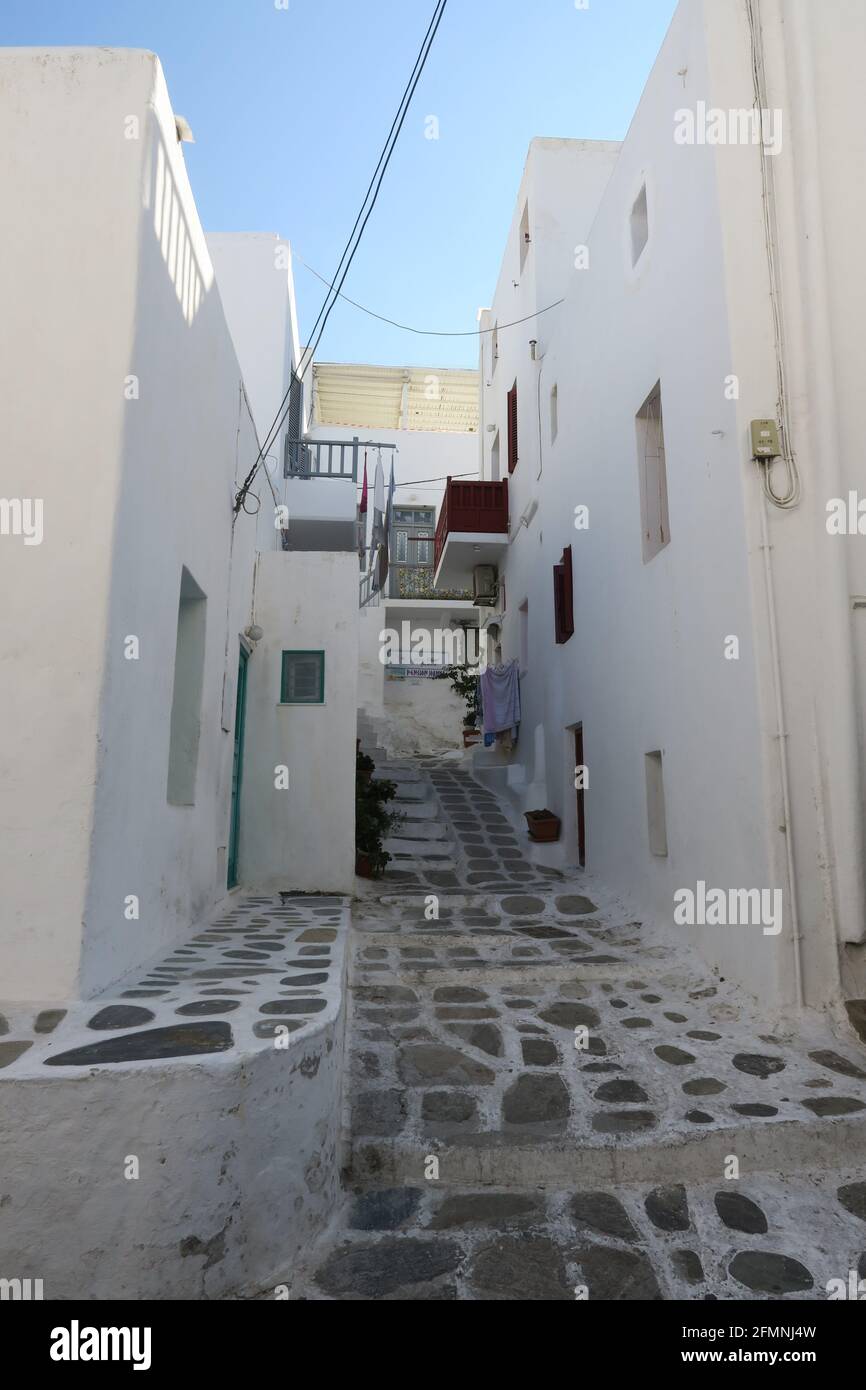 Mykonos, Greece. The tiny white washed building and narrow streets ...