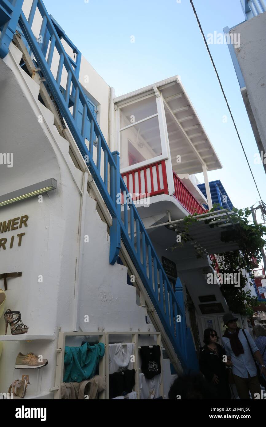 Mykonos, Greece. The tiny white washed building and narrow streets ...