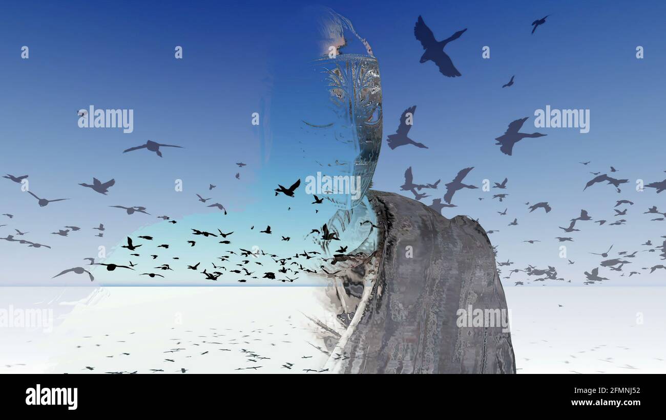 3D illustration - Flock of birds flying across the screen Stock Photo ...