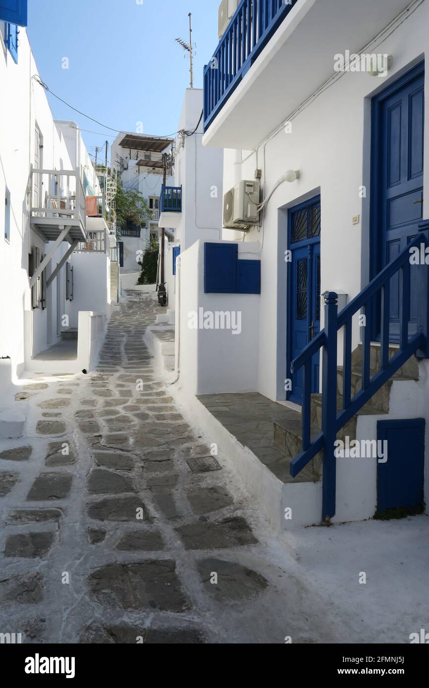 Mykonos, Greece. The tiny white washed building and narrow streets ...