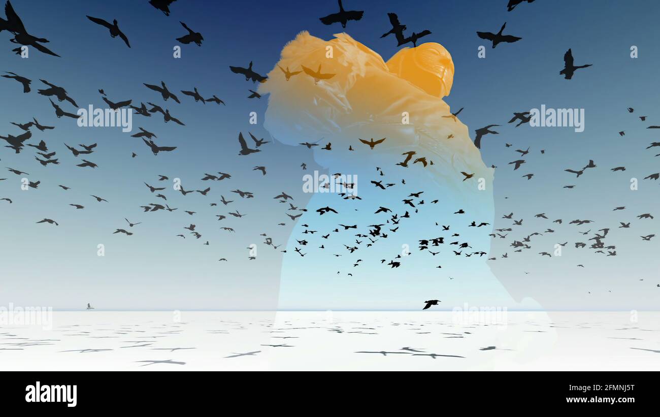 3D illustration - Flock of birds flying across the screen Stock Photo ...