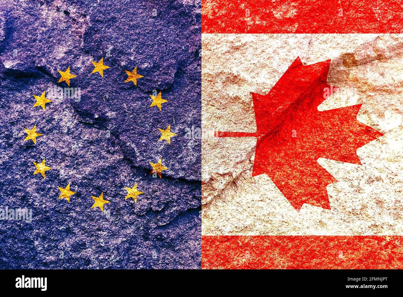 EU and Canada national flags icon pattern on weathered solid rock ...