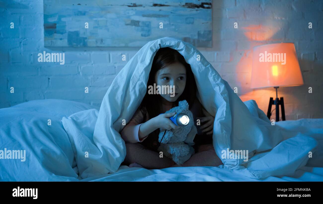 Child with flashlight and teddy bear sitting under blanket on bed ...