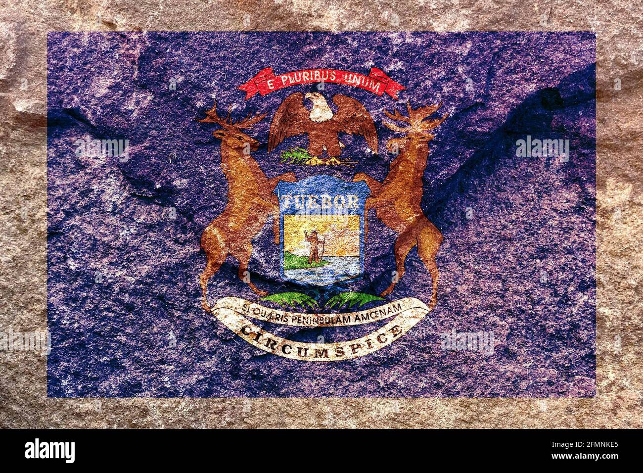 Faded Michigan state flag icon pattern isolated on weathered solid rock ...
