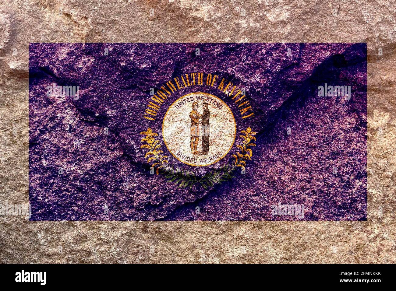 Faded Kentucky state flag icon pattern isolated on weathered solid rock ...