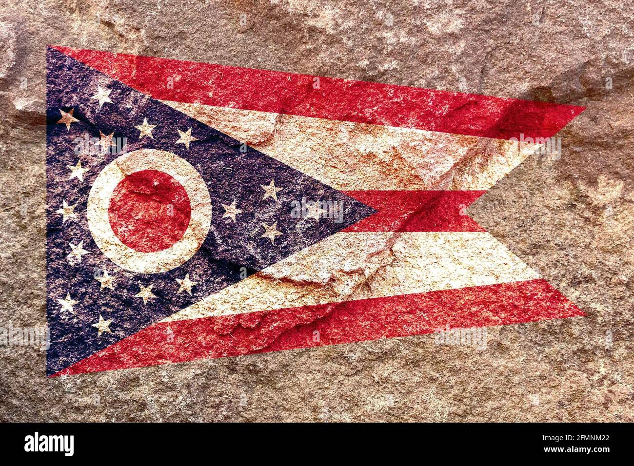 Faded Ohio state flag icon pattern isolated on weathered solid rock ...