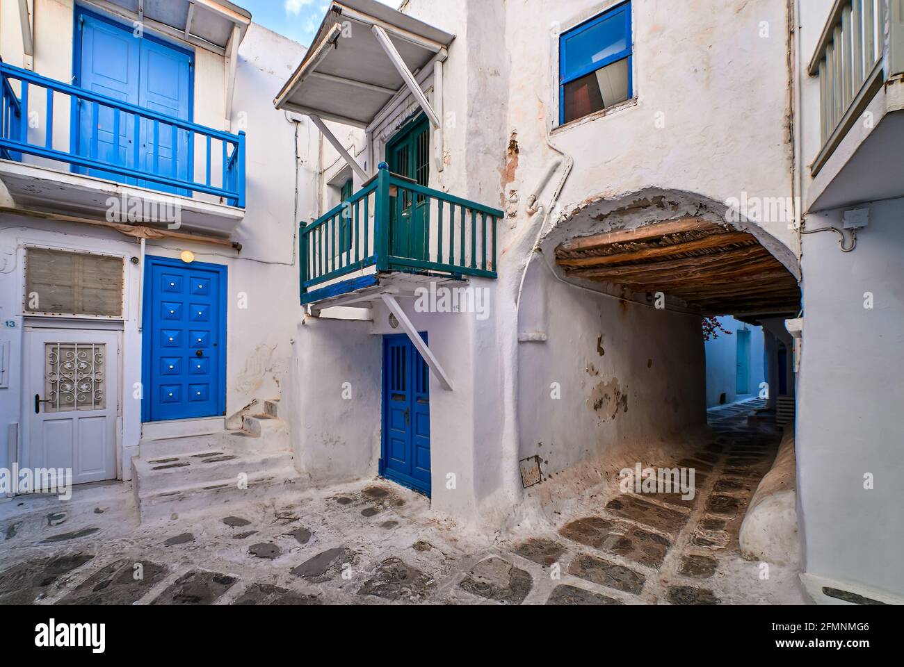 Traditional patio or dead end in narrow streets of Greek towns on ...