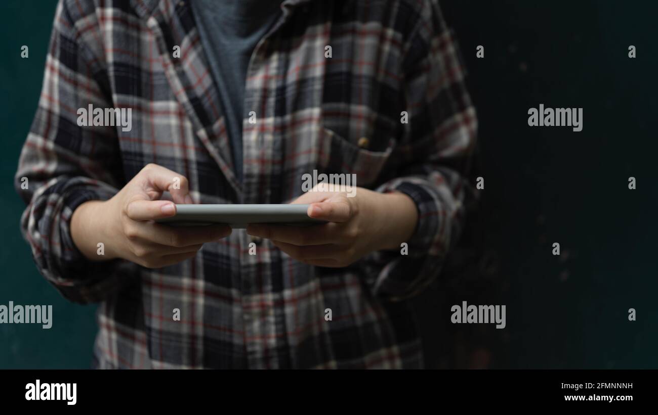 Close up view of female hands using horizontal smartphone while ...