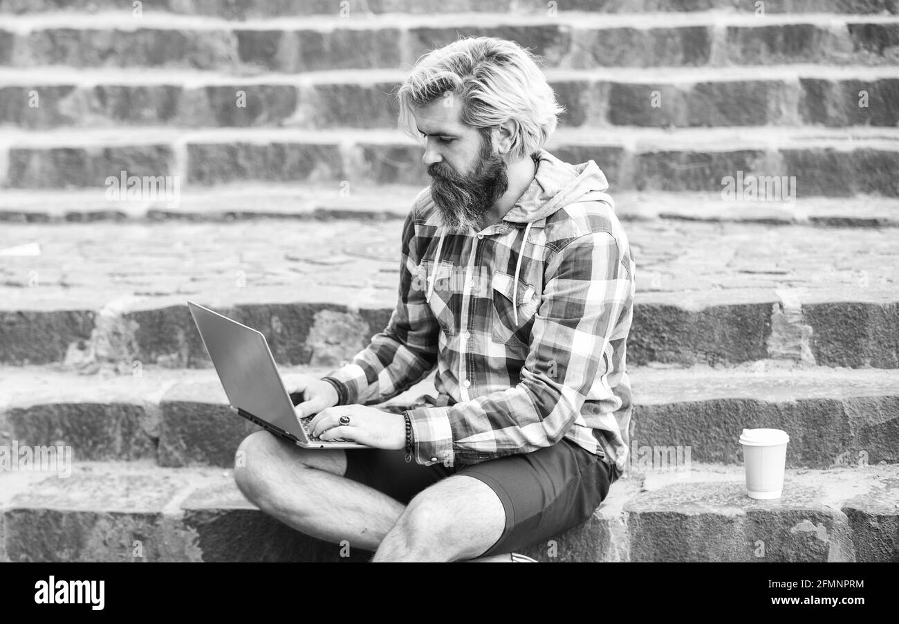 Freelancer man working on computer. Businessman using notebook. take ...