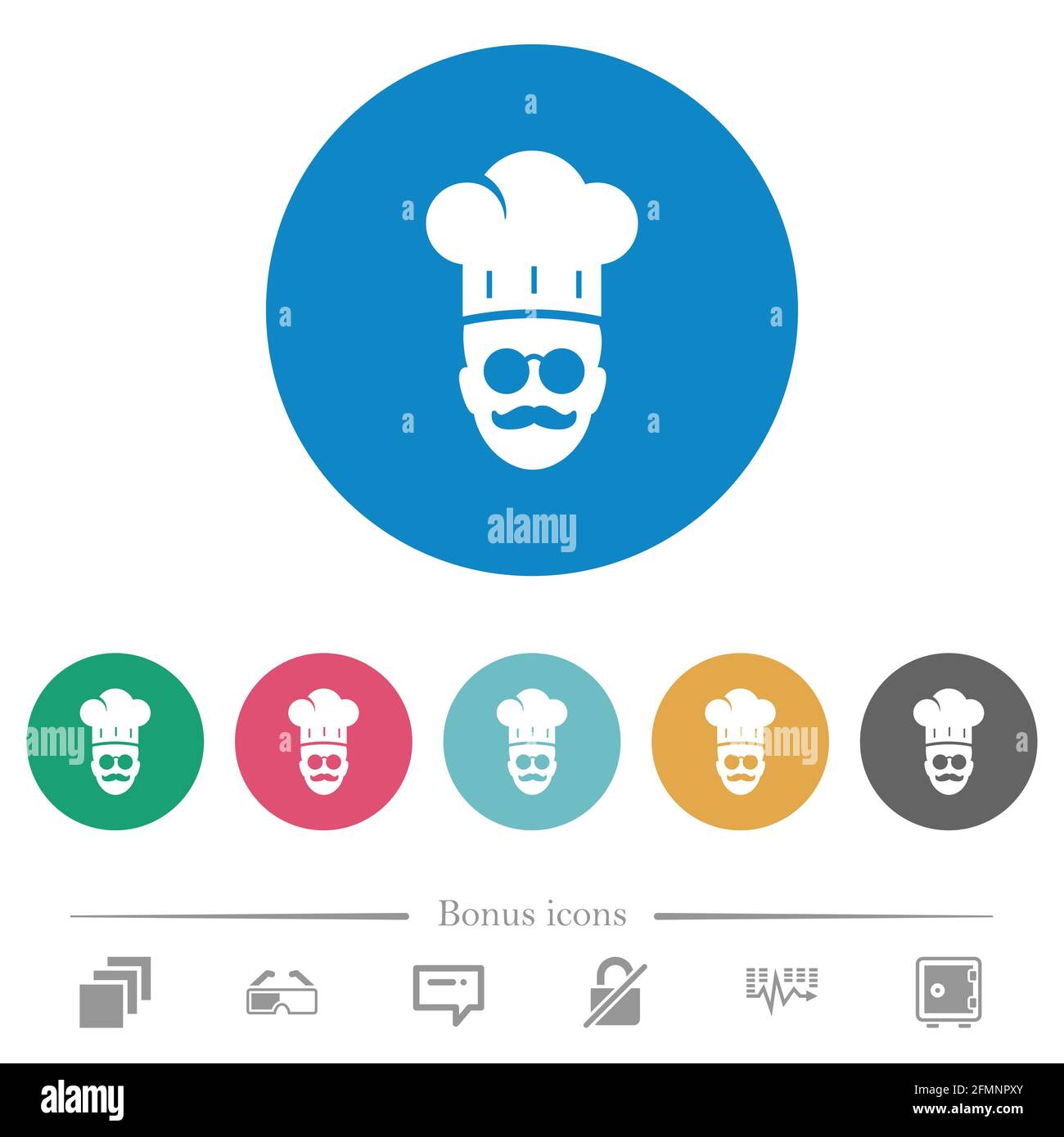 master chef with glasses and mustache flat white icons on round color ...