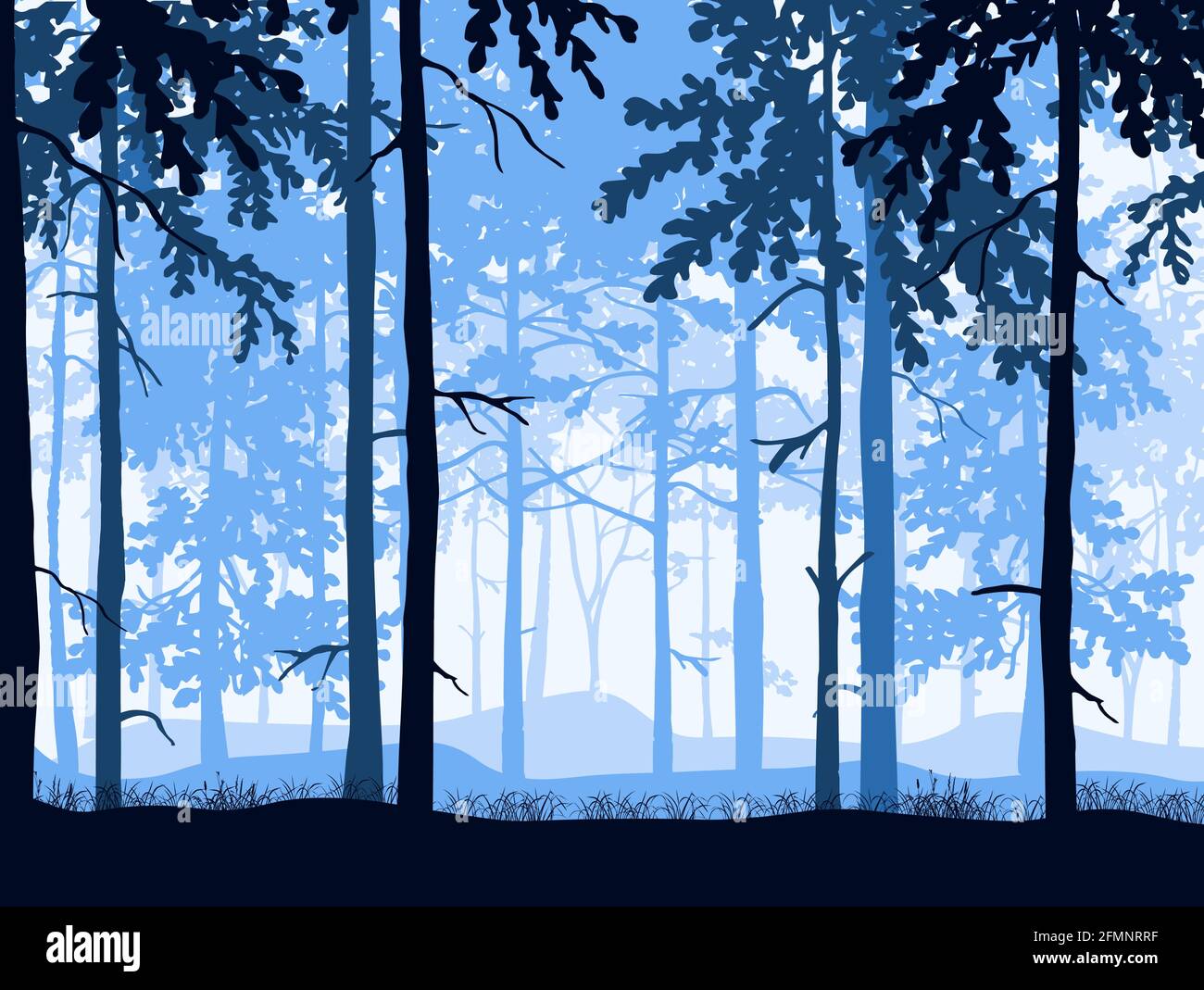 Forest background, silhouettes of trees. Magical misty landscape. Blue ...