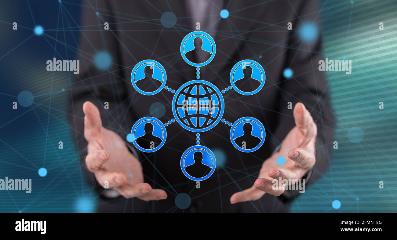 Globalization concept above the hands of a man in background Stock ...