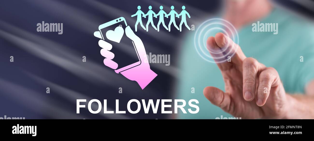 Man touching a followers concept on a touch screen with his finger ...