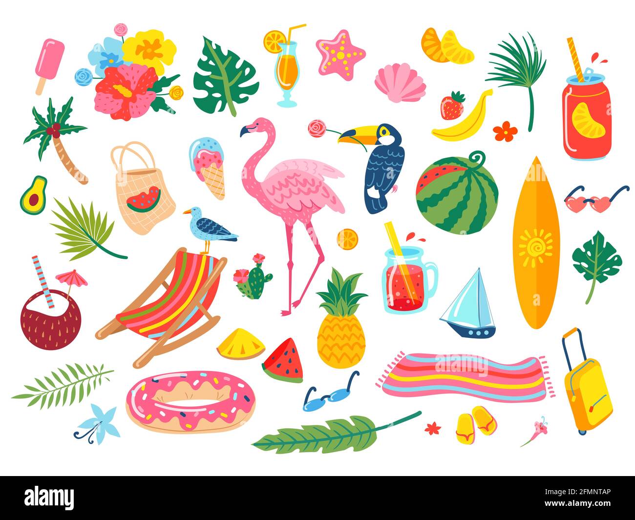 Summer elements. Cocktail drinks, soda, tropical leaves, flowers ...