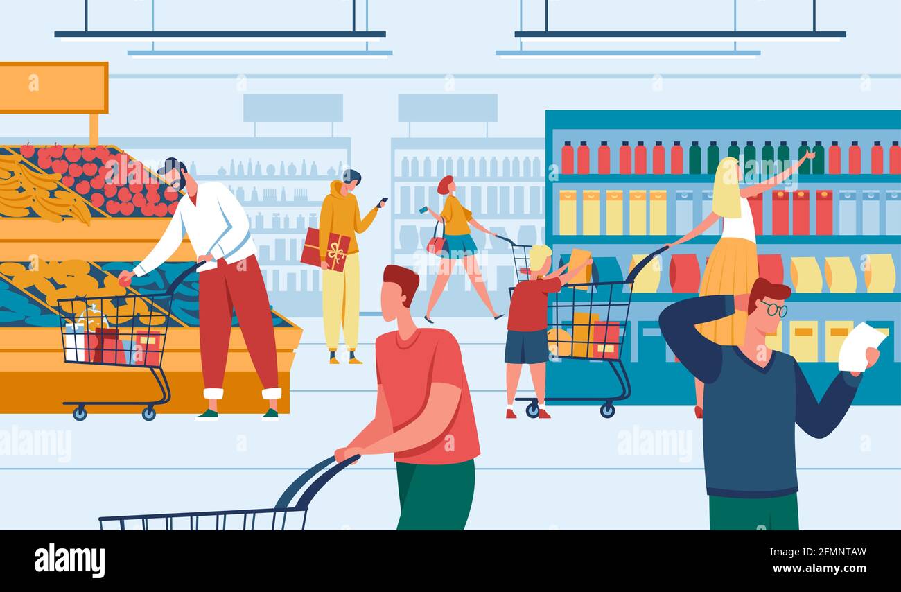 People in store. Men and women shopping at supermarket. Customers ...