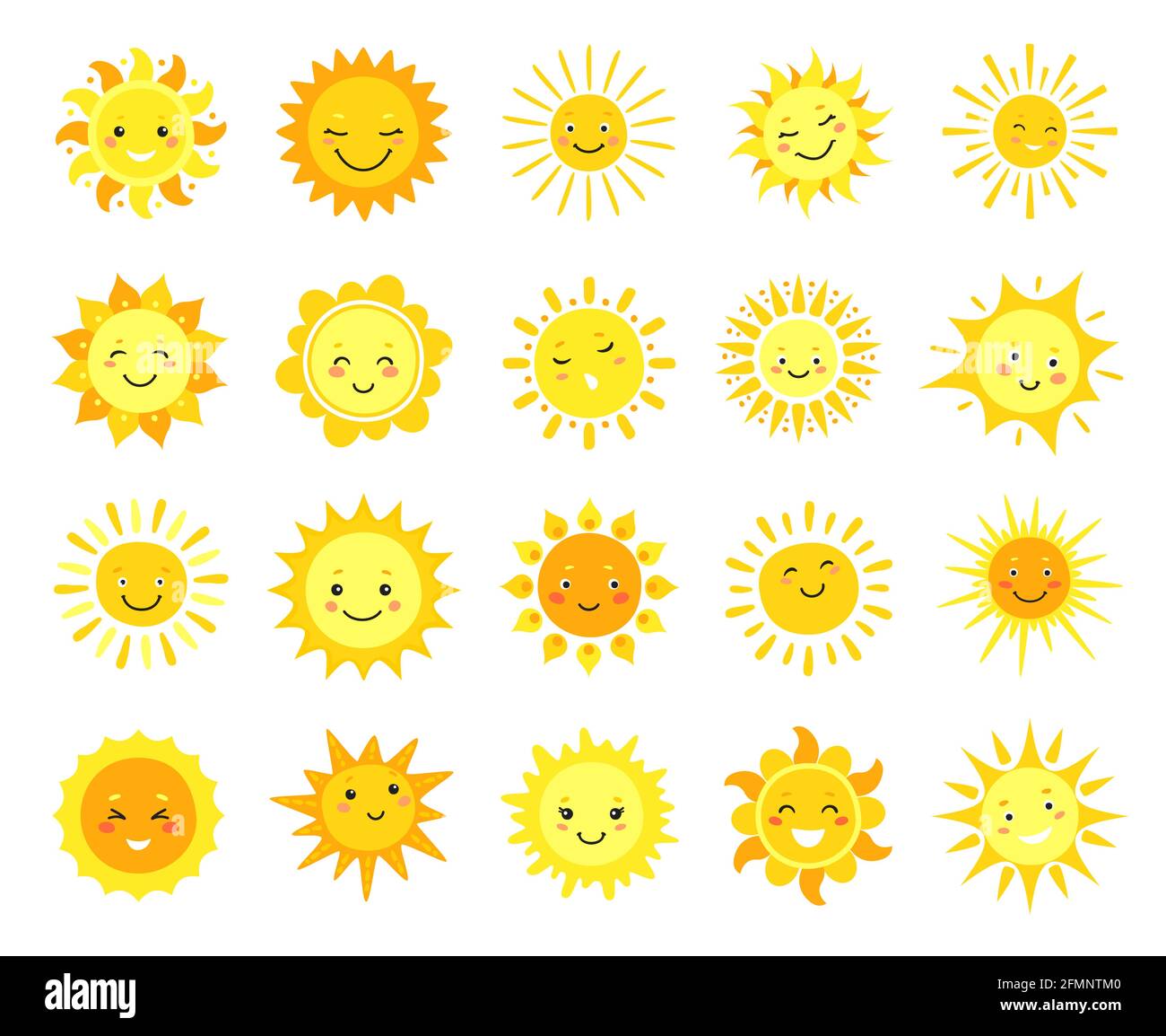 Cute sun. Cartoon sunny emoji, happy yellow sun characters with smile ...