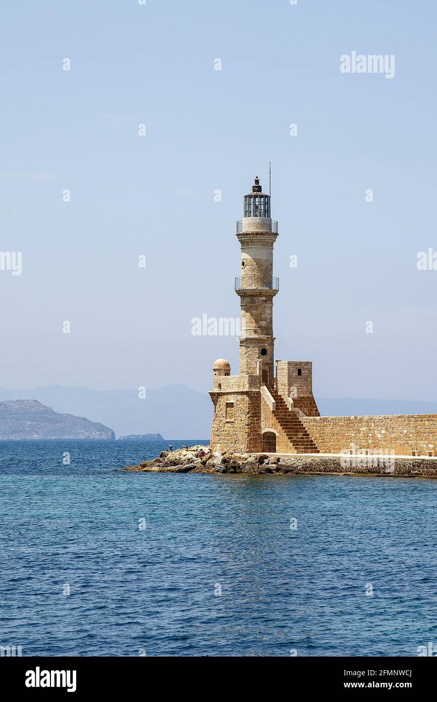 The old venetian lighthouse at Chania on the greek island of Crete ...