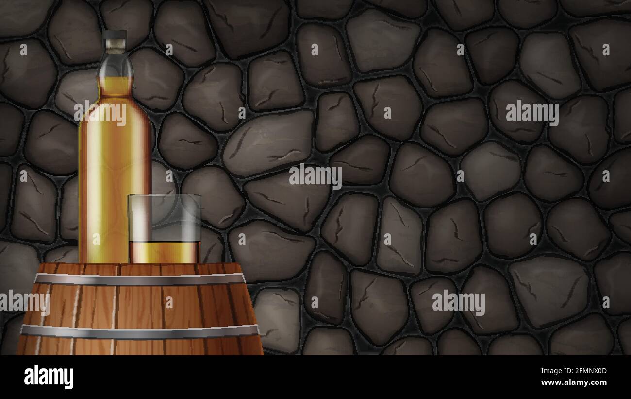 A bottle and a glass of whisky, wooden cask on stone wall background ...