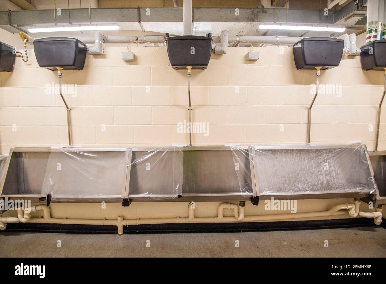 General view of social distancing in the gents toilets at Molineux ...