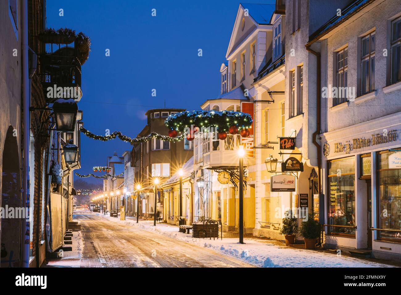 Parnu, Estonia. Night View Of Famous Ruutli Street With Old Buildings ...
