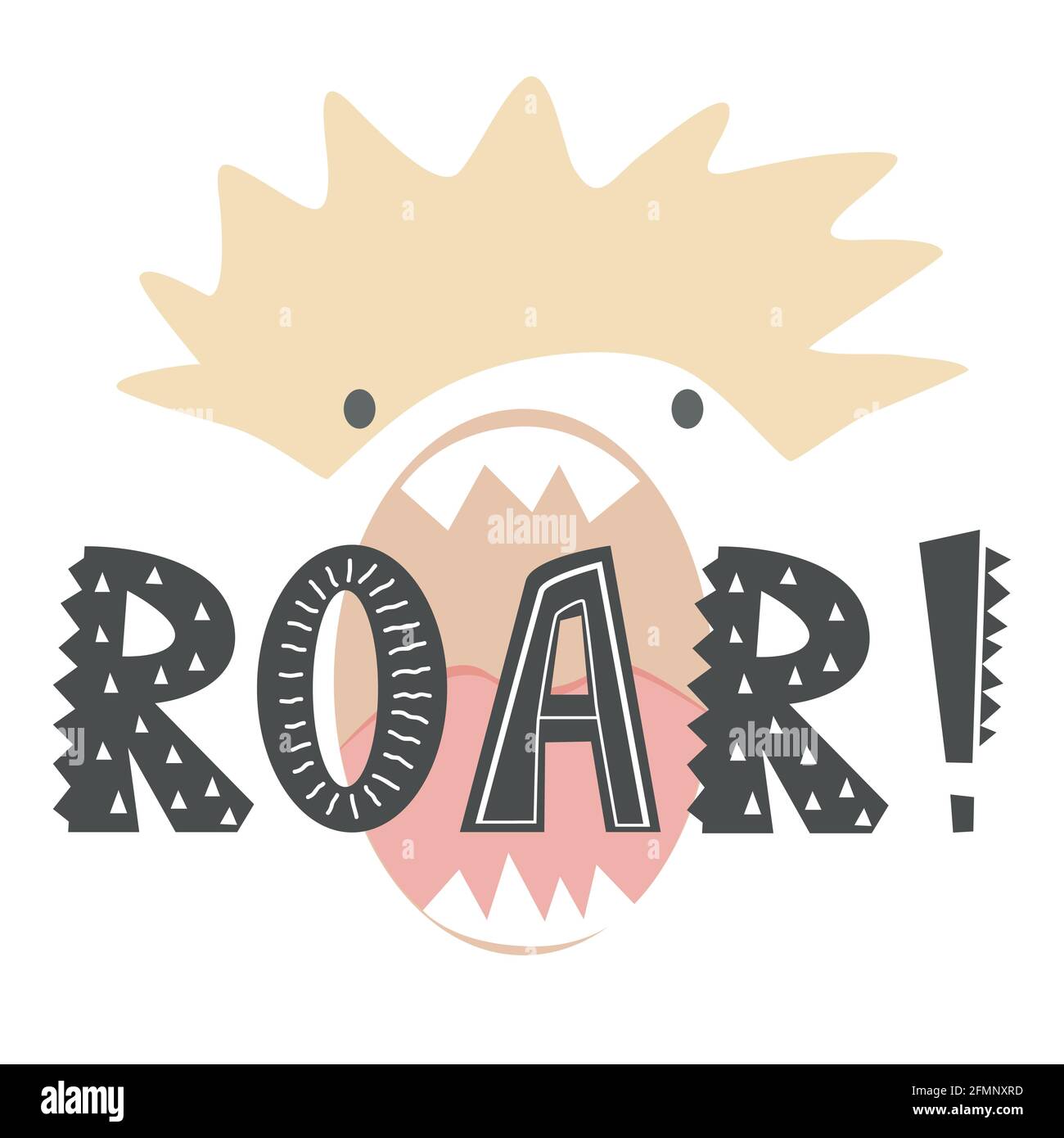 Hand drawn vector illustration of a funny lion face in a crown, with lettering quote Roar in ...