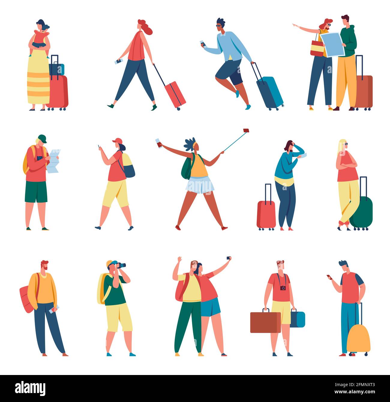 People traveling. Man and woman with backpacks, suitcases. Tourists taking photo, travelers ...