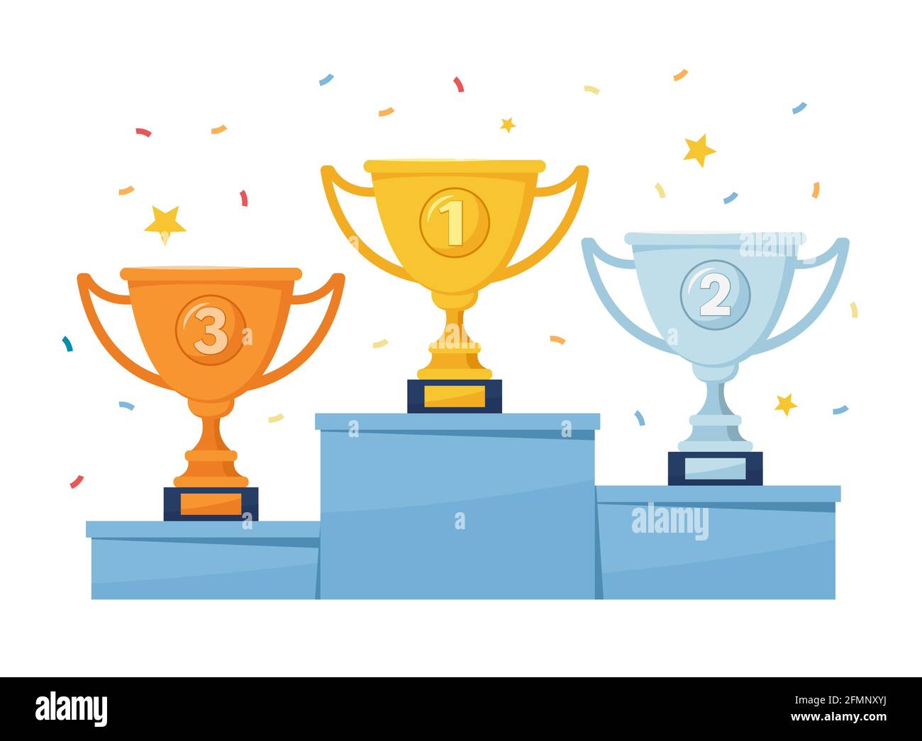 Gold, silver, bronze trophy cup. Prize podium with winner or champion ...