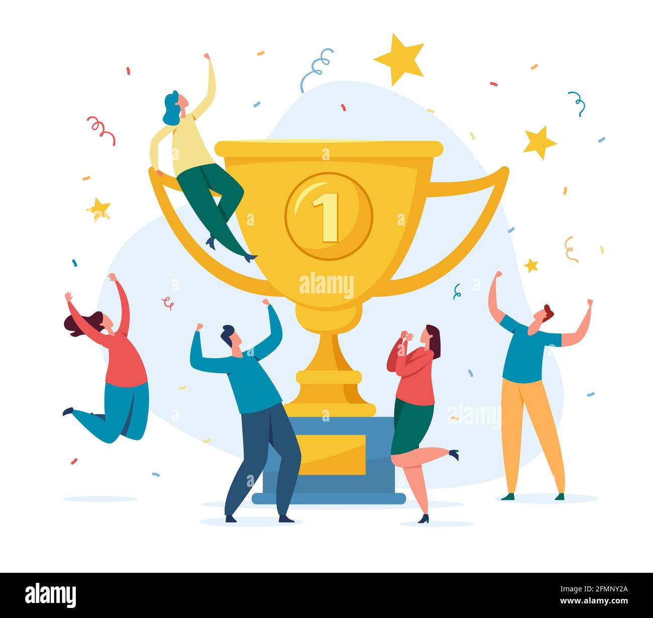 Team success. Business team celebrating victory. Winners with golden trophy cup. Successful ...