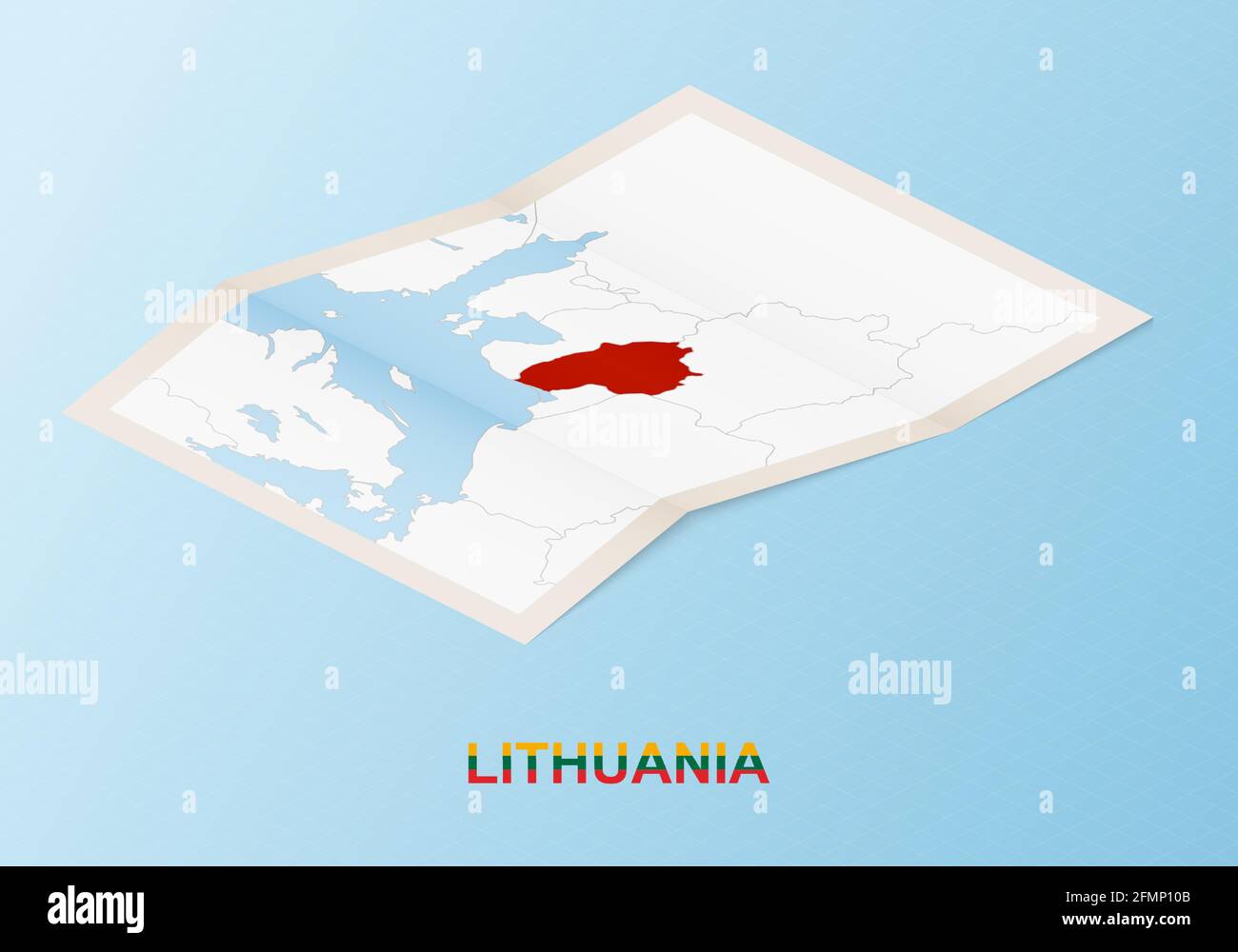 Folded paper map of Lithuania with neighboring countries in isometric ...