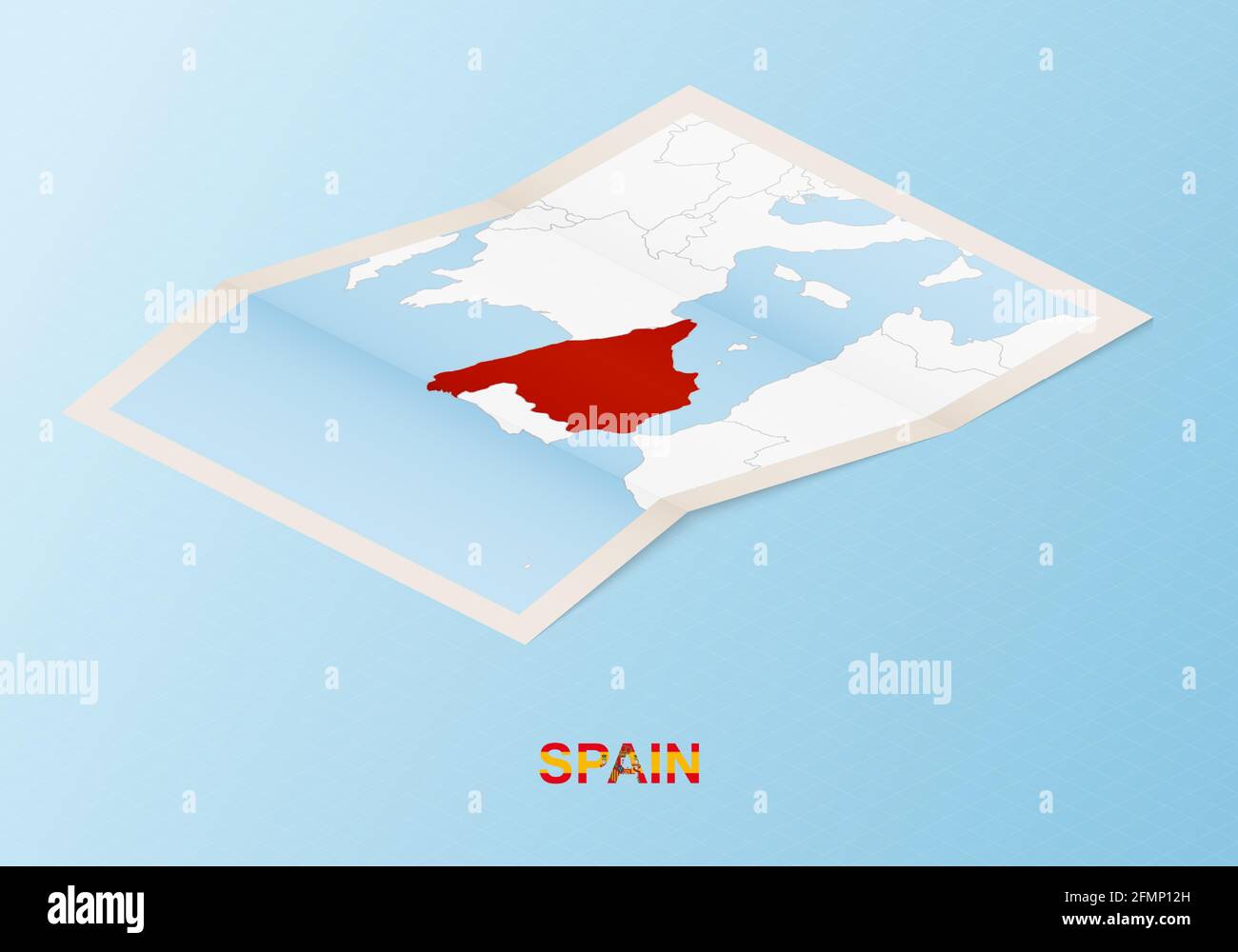 Folded paper map of Spain with neighboring countries in isometric style ...