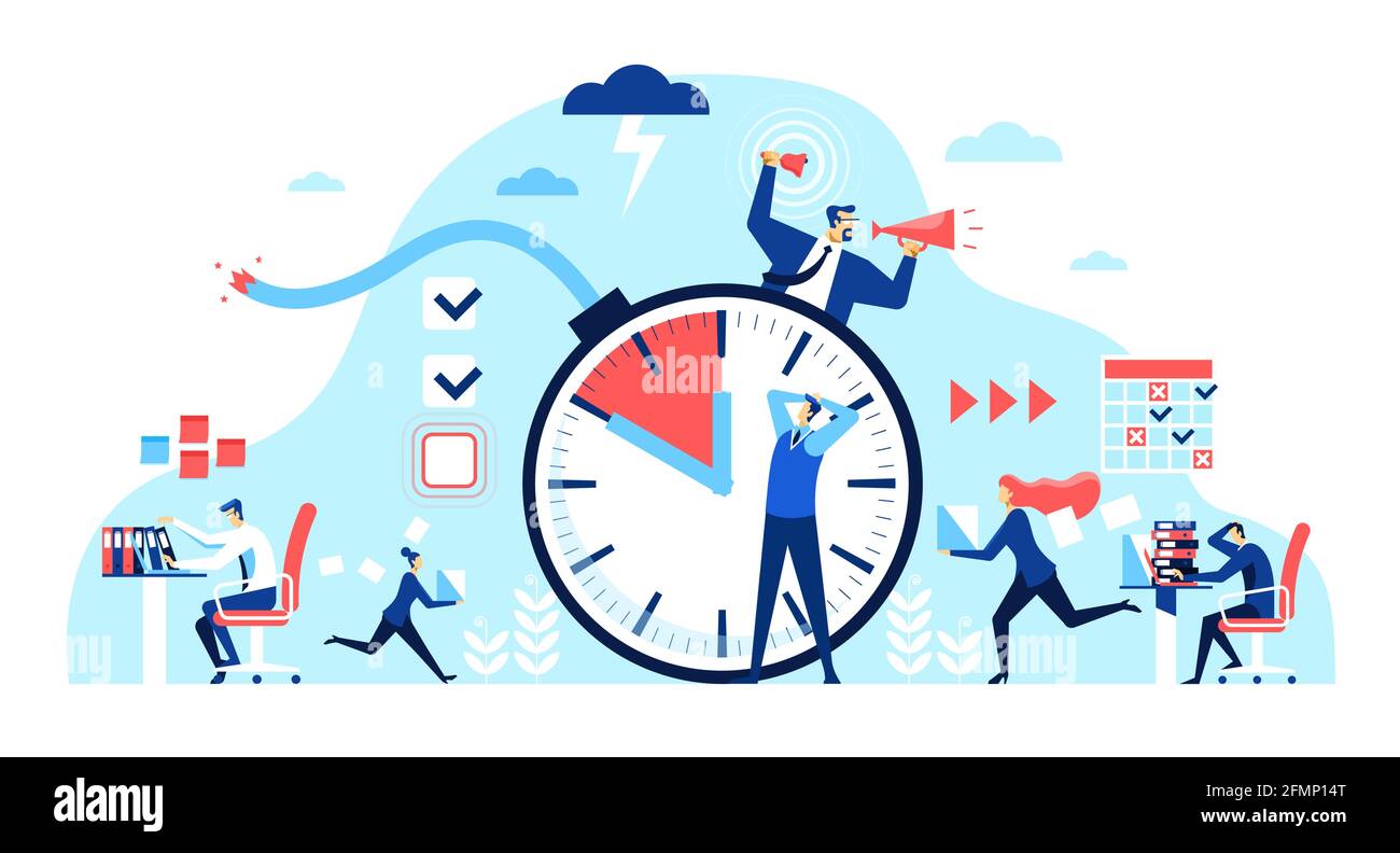 Office deadline. Stressed employees working overtime. Tired workers and ...