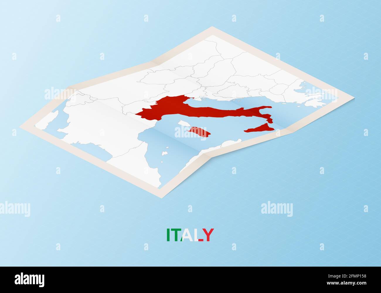 Folded paper map of Italy with neighboring countries in isometric style ...