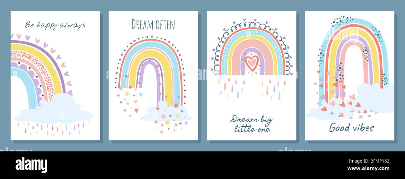 Rainbow card. Cute pastel rainbows with quotes, colorful rain and ...
