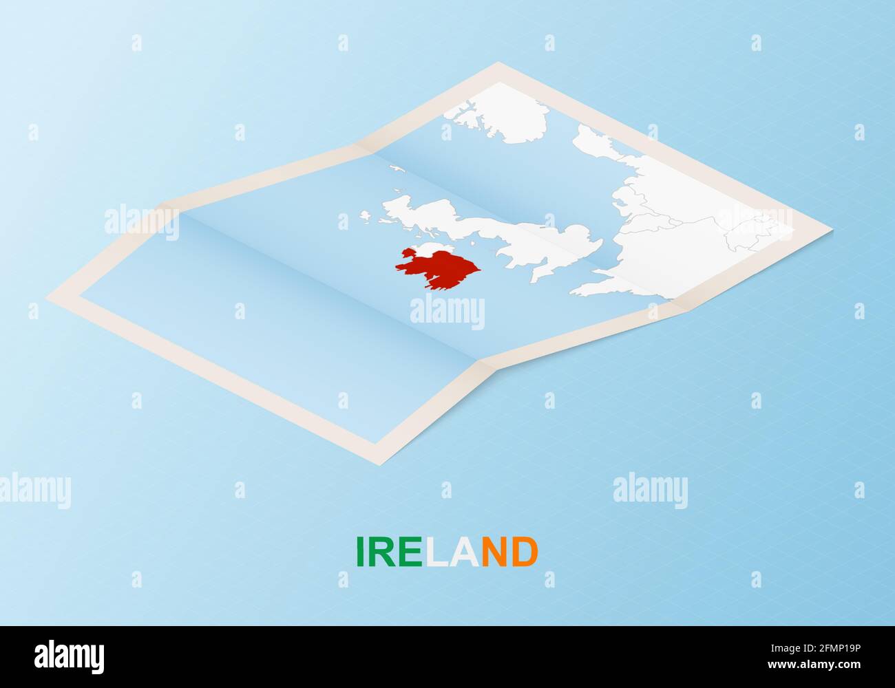 Folded paper map of Ireland with neighboring countries in isometric ...