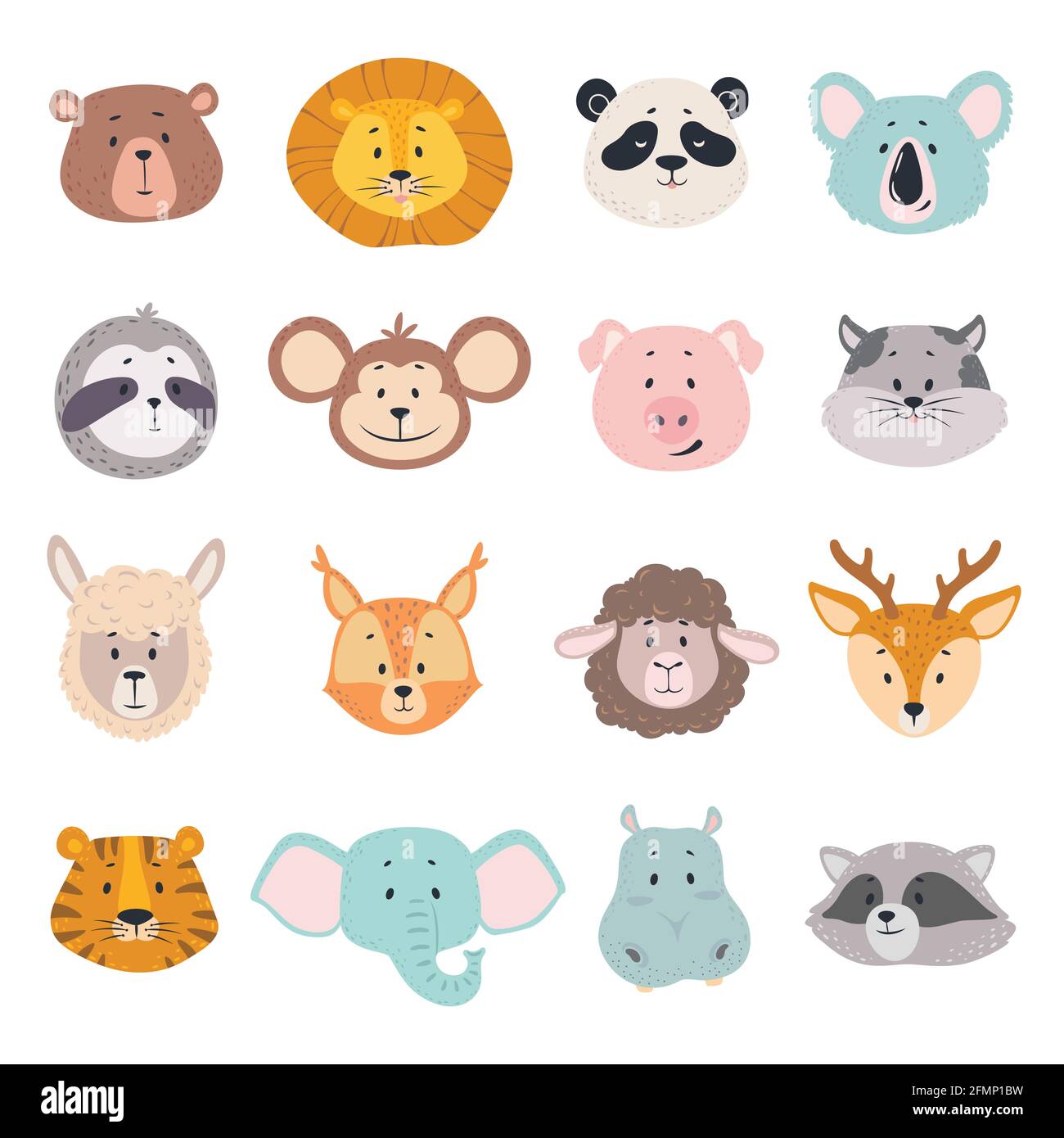 Animal faces. Cute doodle head of bear, lion and panda, monkey and pig ...