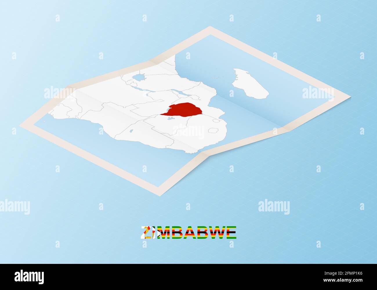 Folded paper map of Zimbabwe with neighboring countries in isometric ...