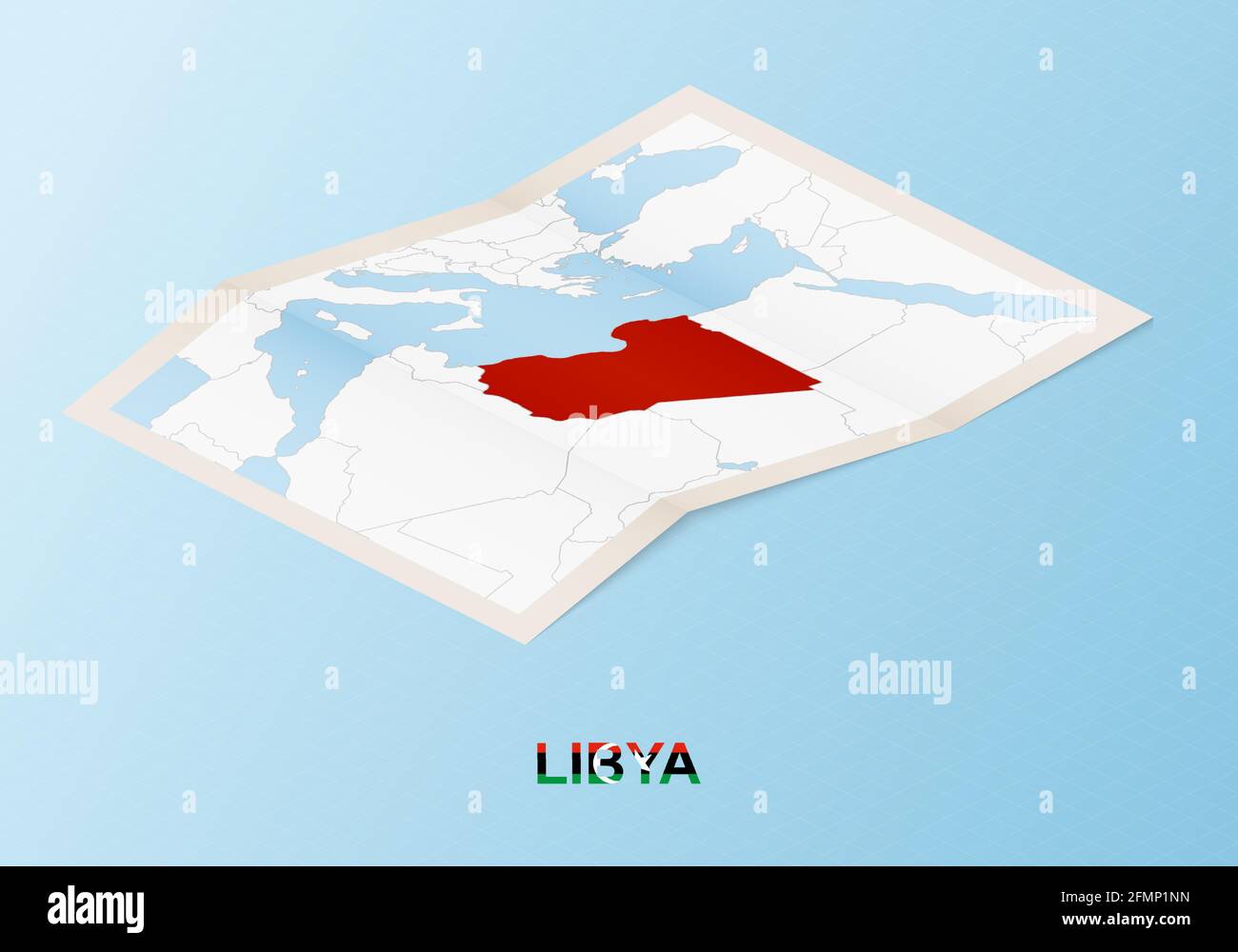 Folded paper map of Libya with neighboring countries in isometric style ...