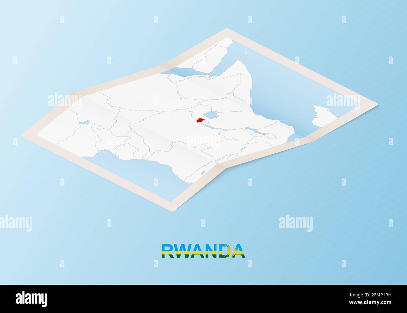 Folded paper map of Rwanda with neighboring countries in isometric ...
