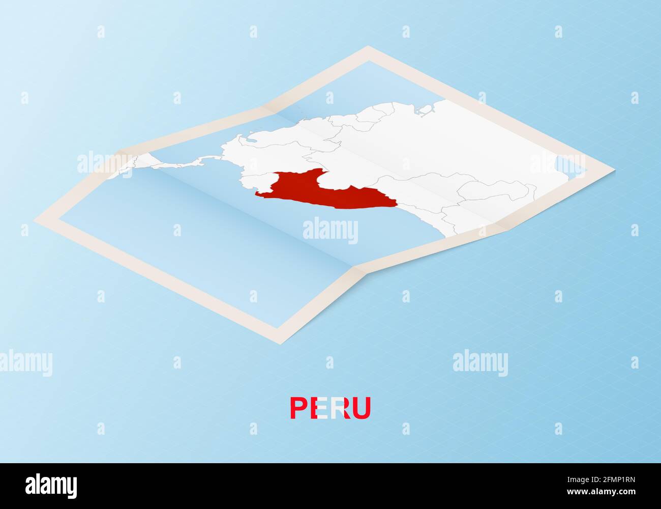 Folded paper map of Peru with neighboring countries in isometric style ...