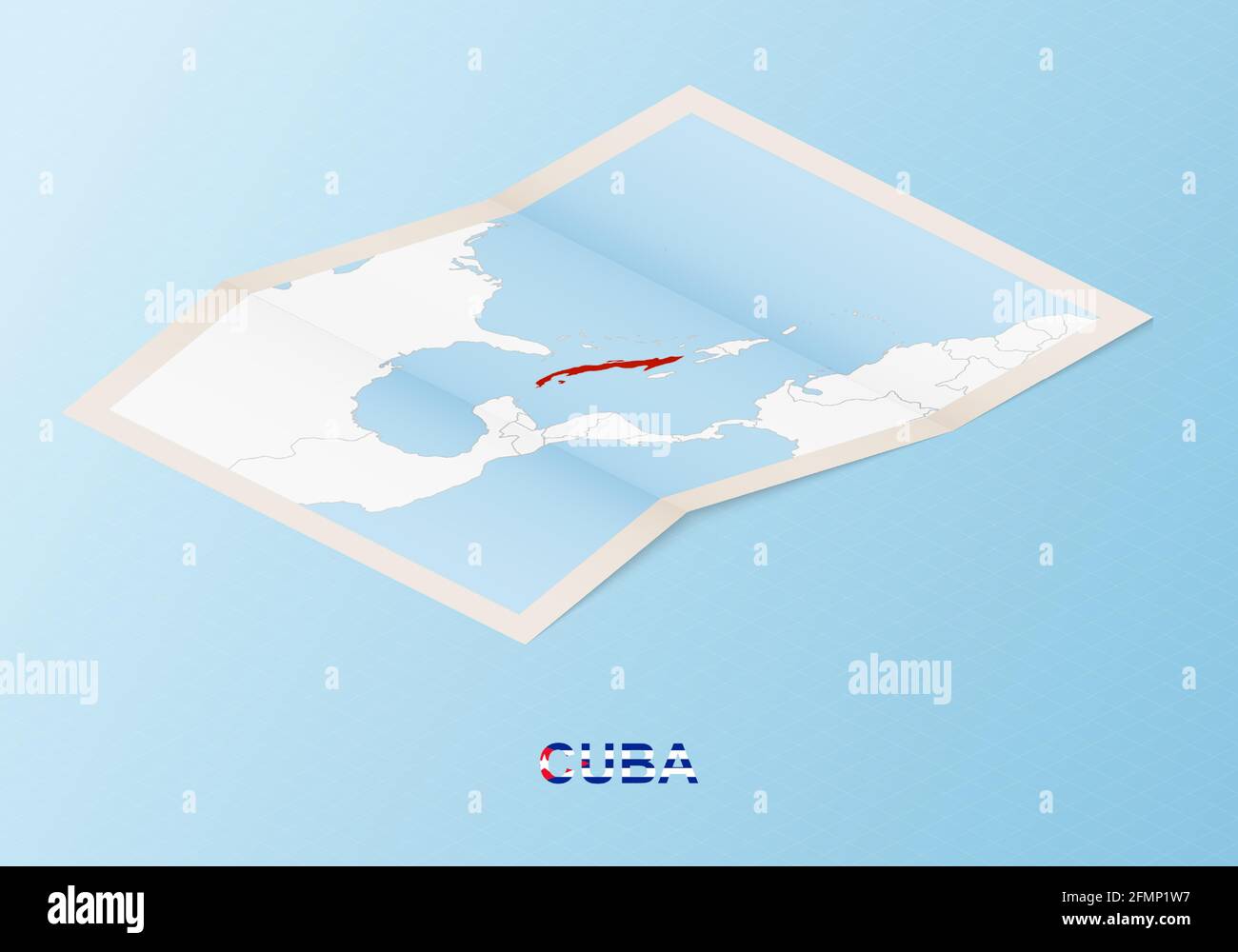 Folded paper map of Cuba with neighboring countries in isometric style ...