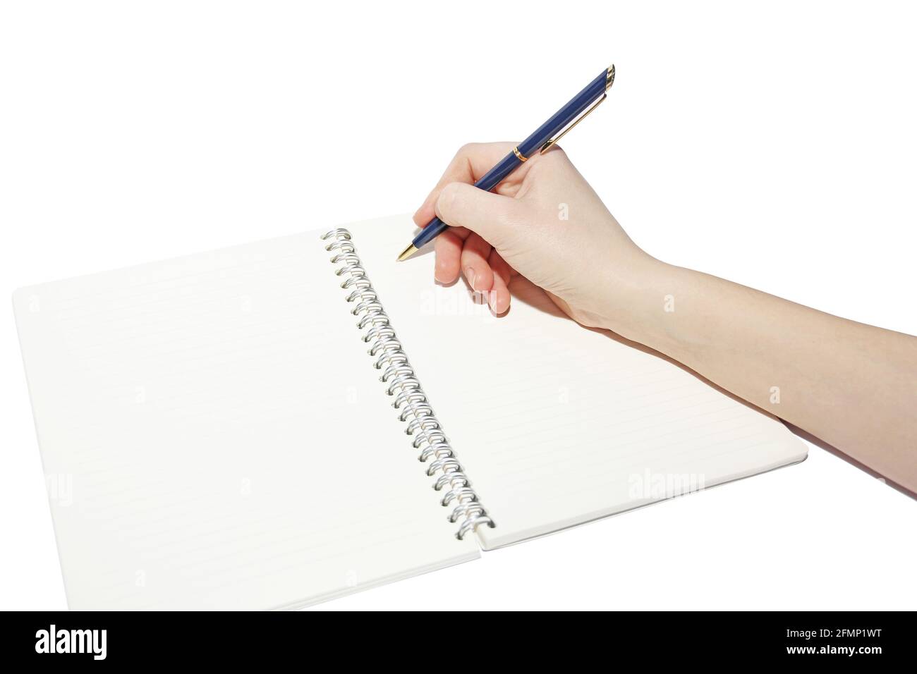 Hand writes in a notebook on a white background Stock Photo - Alamy