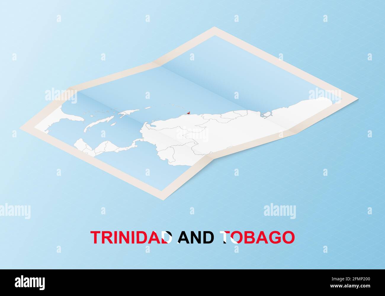 Folded paper map of Trinidad and Tobago with neighboring countries in ...