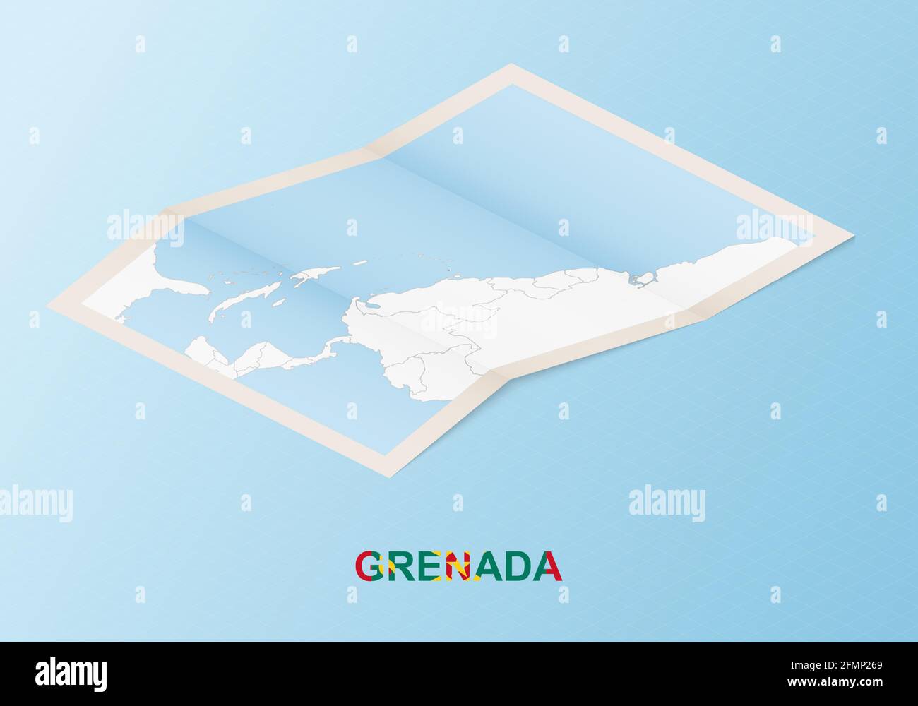 Folded paper map of Grenada with neighboring countries in isometric ...