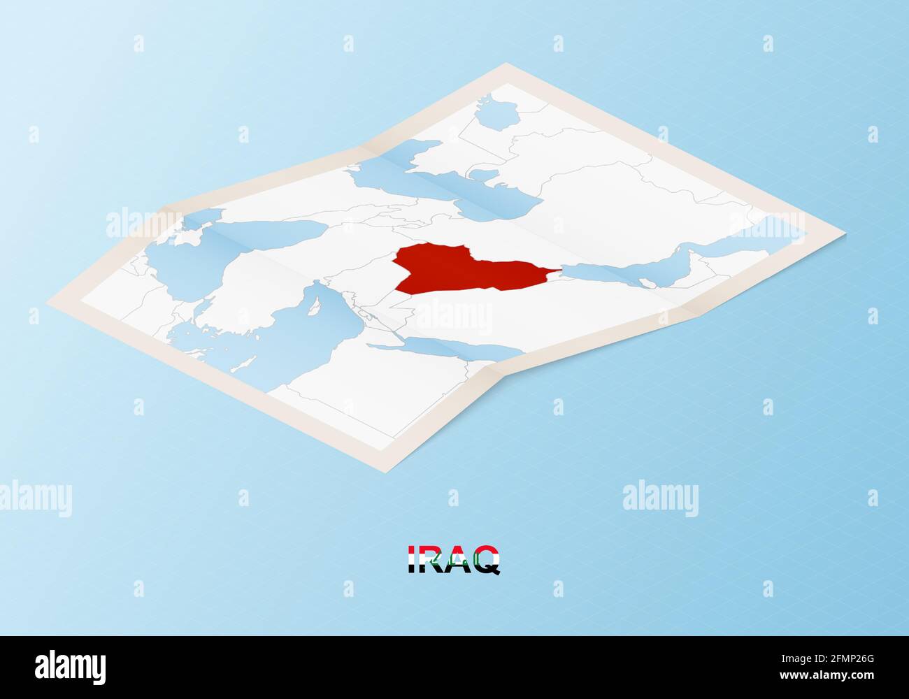 Folded paper map of Iraq with neighboring countries in isometric style ...