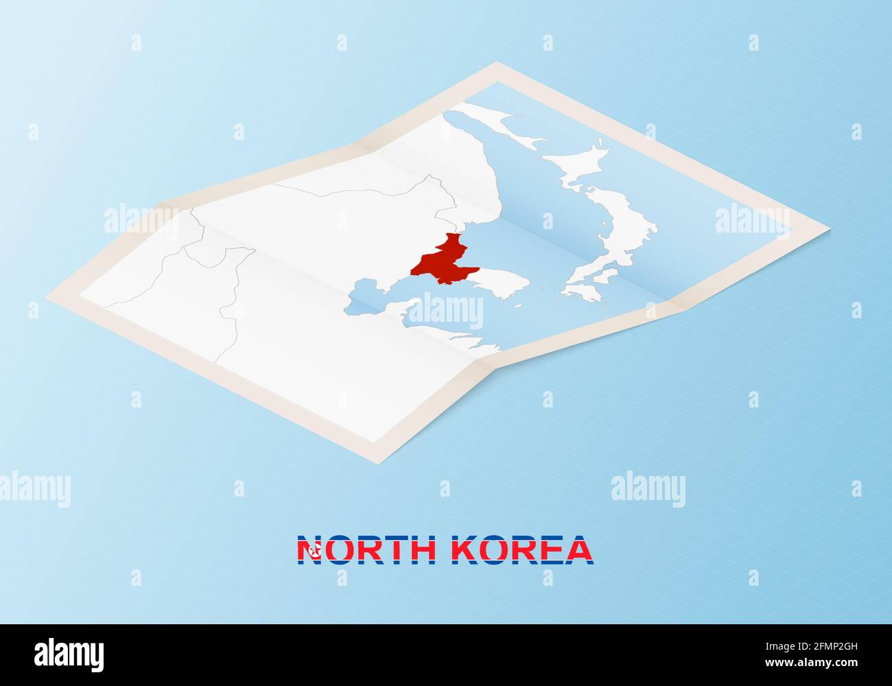 Folded paper map of North Korea with neighboring countries in isometric ...