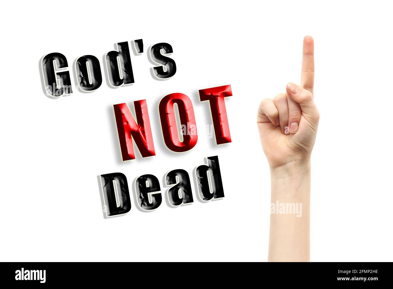 Hand on a white background. The finger points up. The inscription "God ...