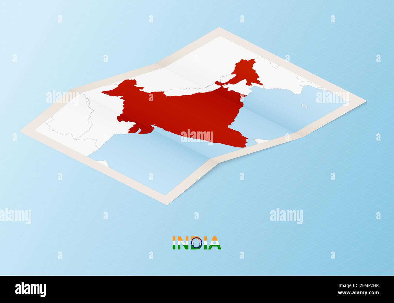 Folded paper map of India with neighboring countries in isometric style ...