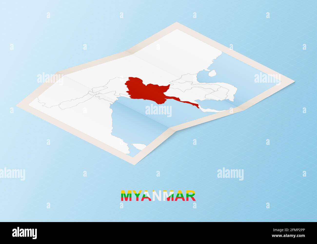 Folded paper map of Myanmar with neighboring countries in isometric ...