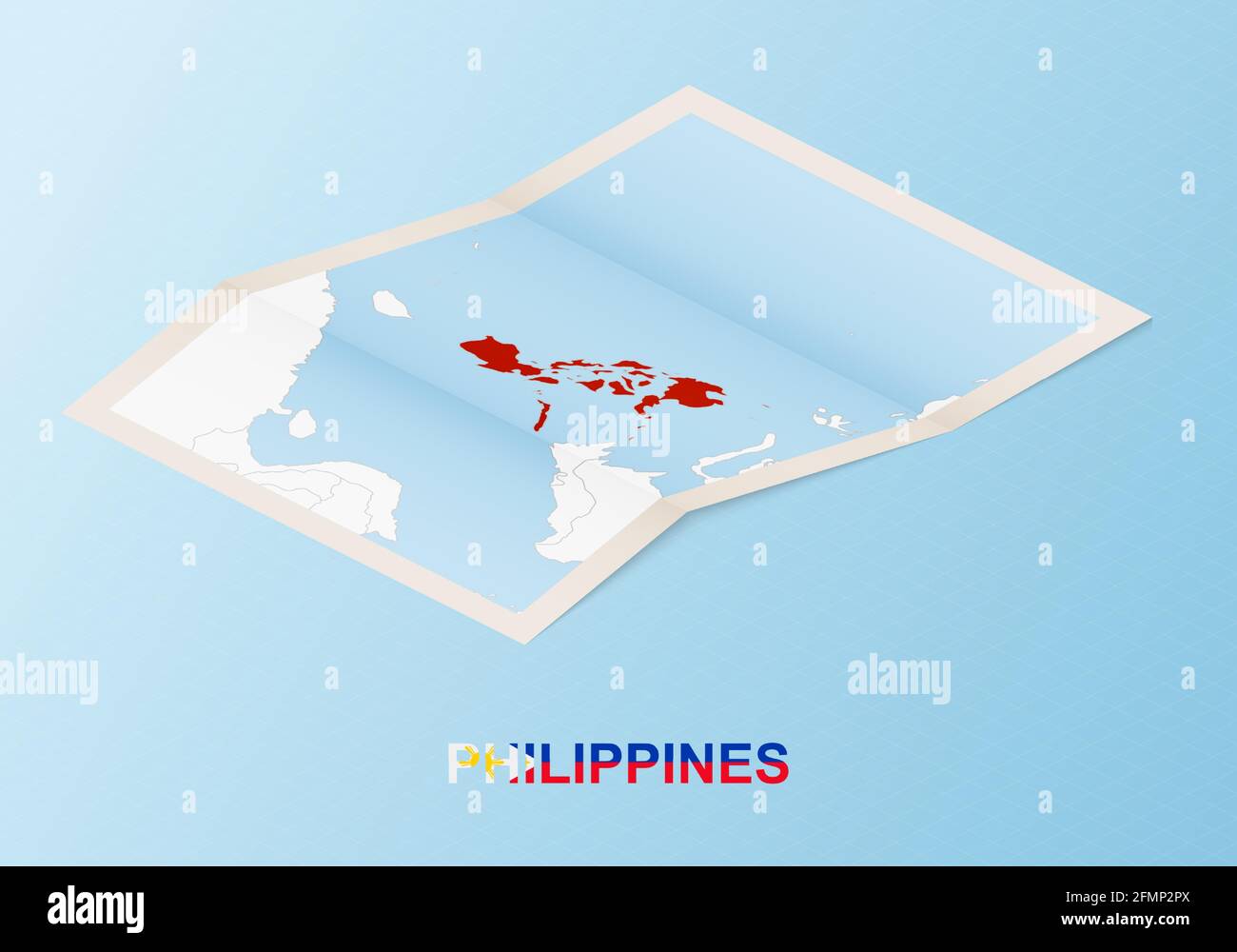 Folded paper map of Philippines with neighboring countries in isometric ...