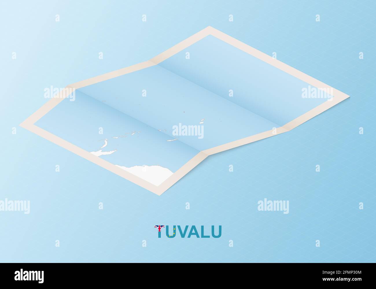 Folded paper map of Tuvalu with neighboring countries in isometric style on blue vector ...
